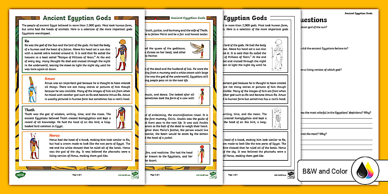 Fifth Grade Ancient Egyptian Gods Reading Comprehension Worksheet