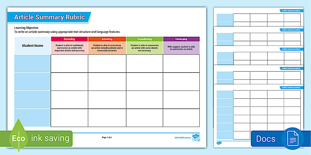 Article Summary Rubric – Assessment Tool (teacher made)