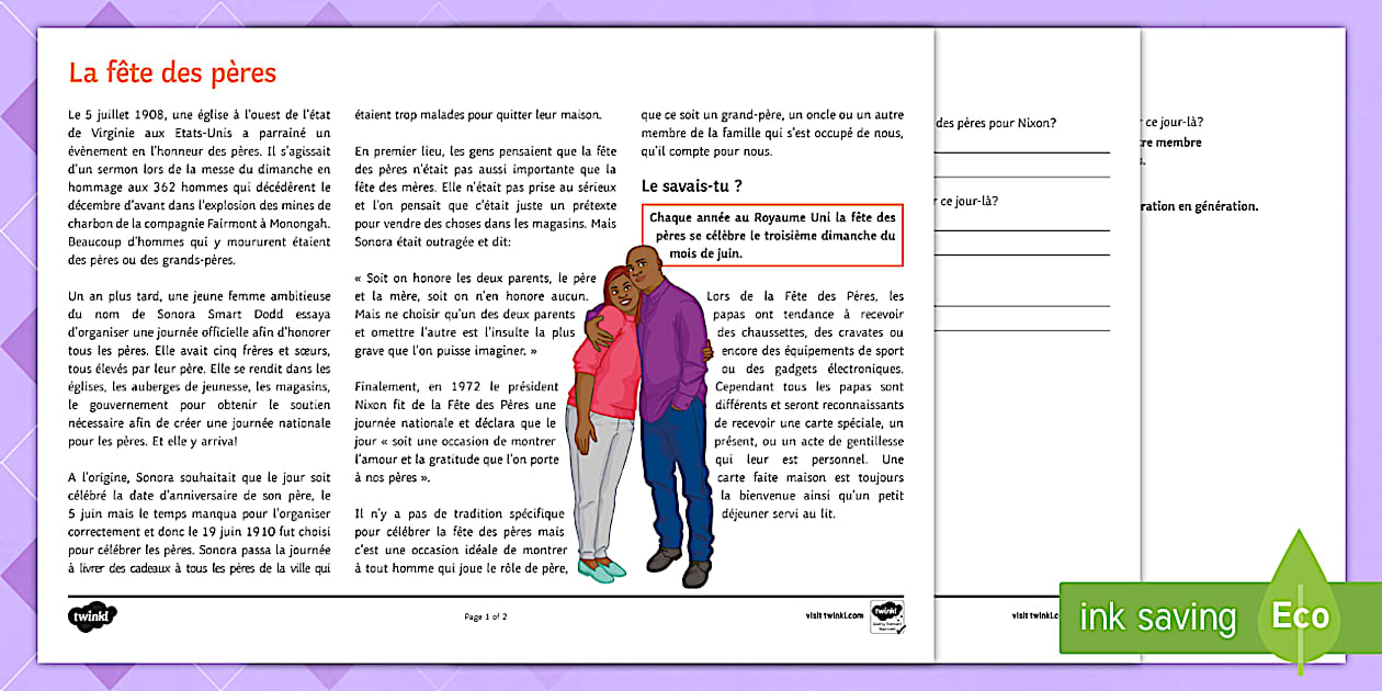 Black and White Father's Day Differentiated Reading Comprehension French