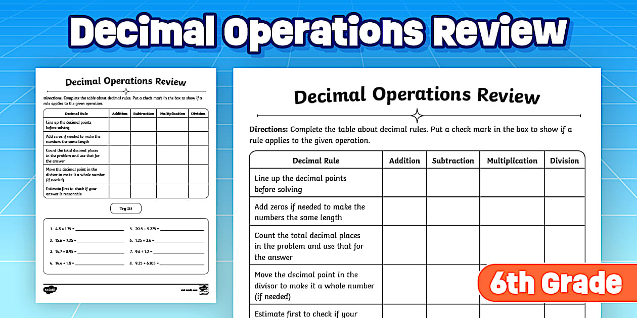 Sixth Grade Math Decimal Operations Review Worksheet