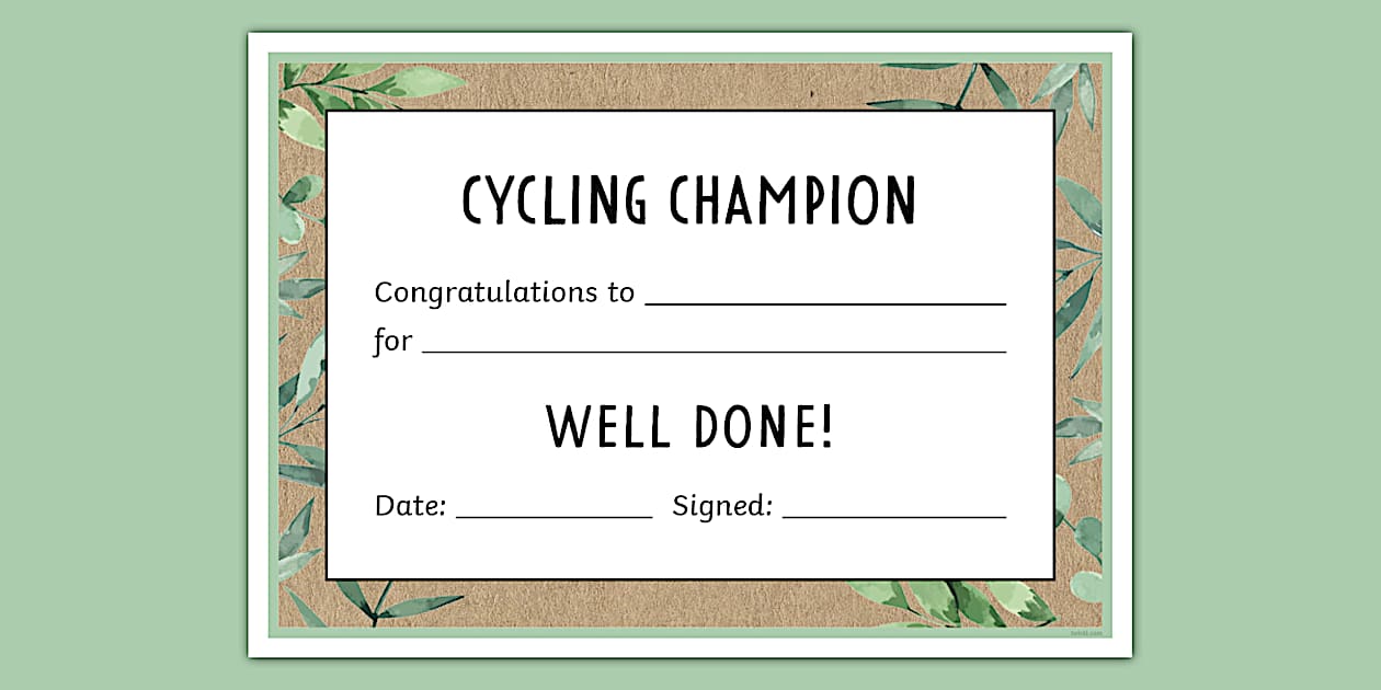 Muted Botanical Themed Cycling Certificate (teacher made)
