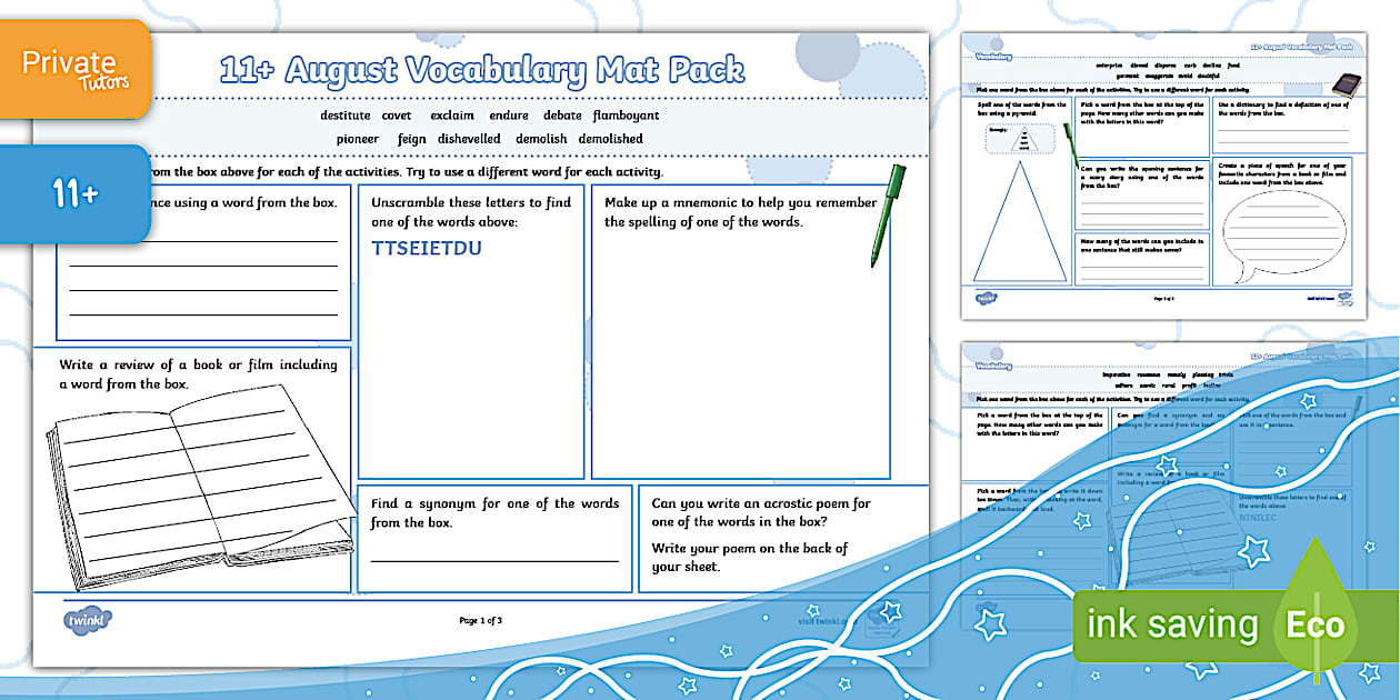 11+ August Vocabulary Mats Pack (teacher made) - Twinkl