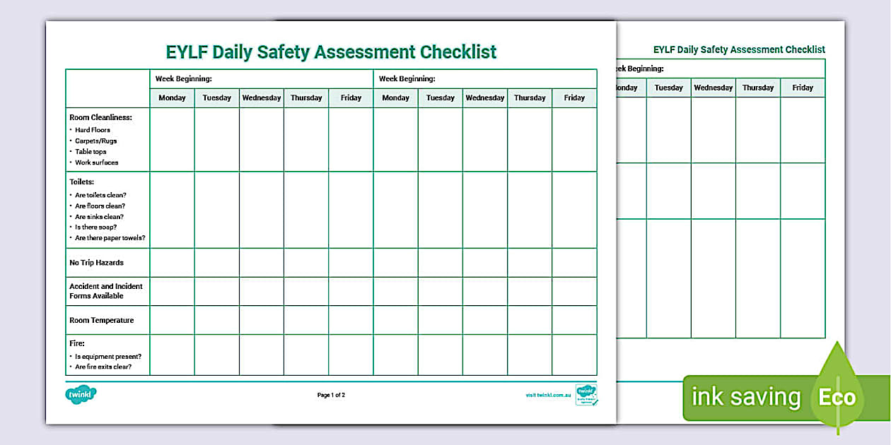 EYLF Daily Safety Assessment Checklist - Twinkl