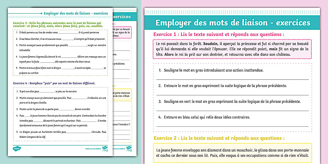 Employer des mots de liaison - exercices - Twinkl