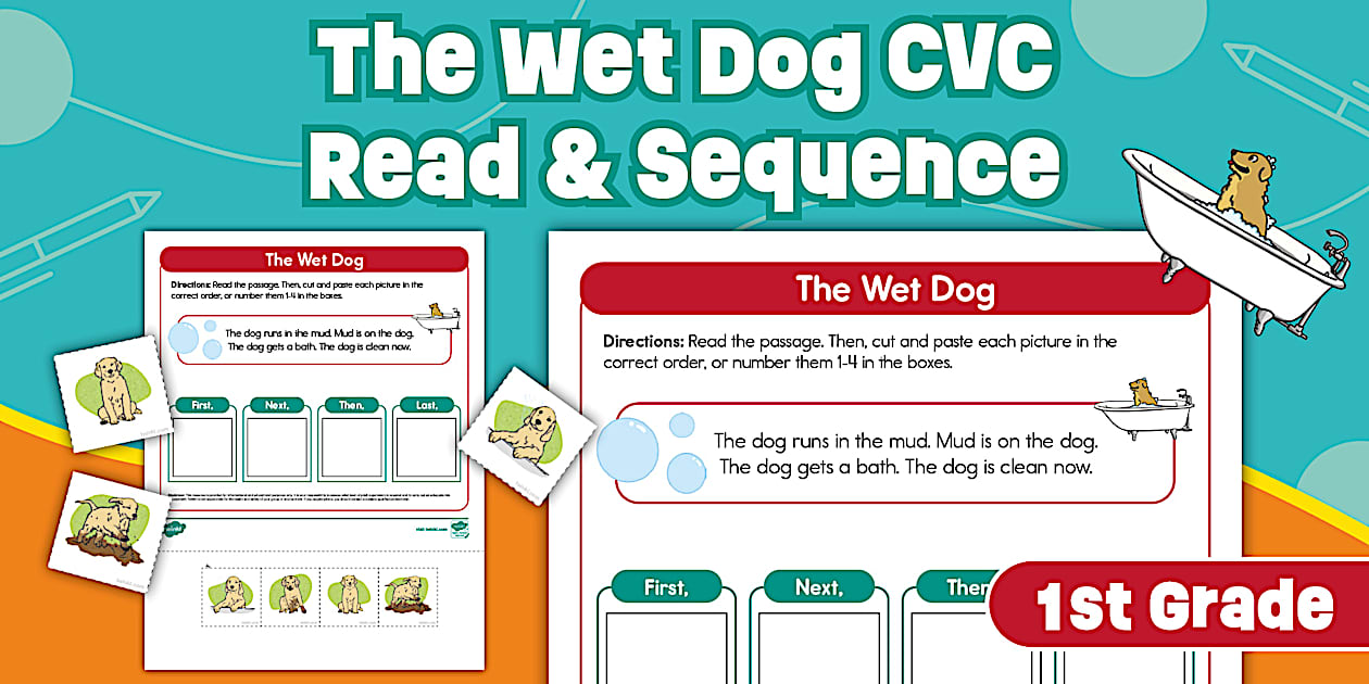 First Grade The Wet Dog CVC Read and Sequence Activity