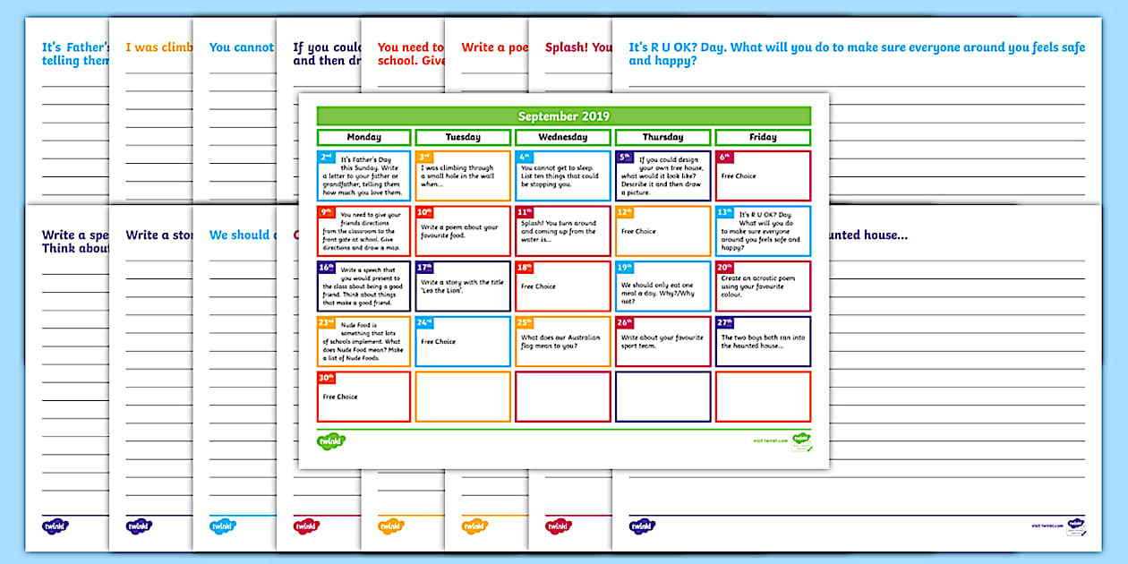 Editable September Writing Prompts Display Calendar - Twinkl