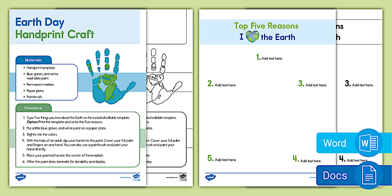 Editable Earth Day Handprint Craft Word & Google Docs