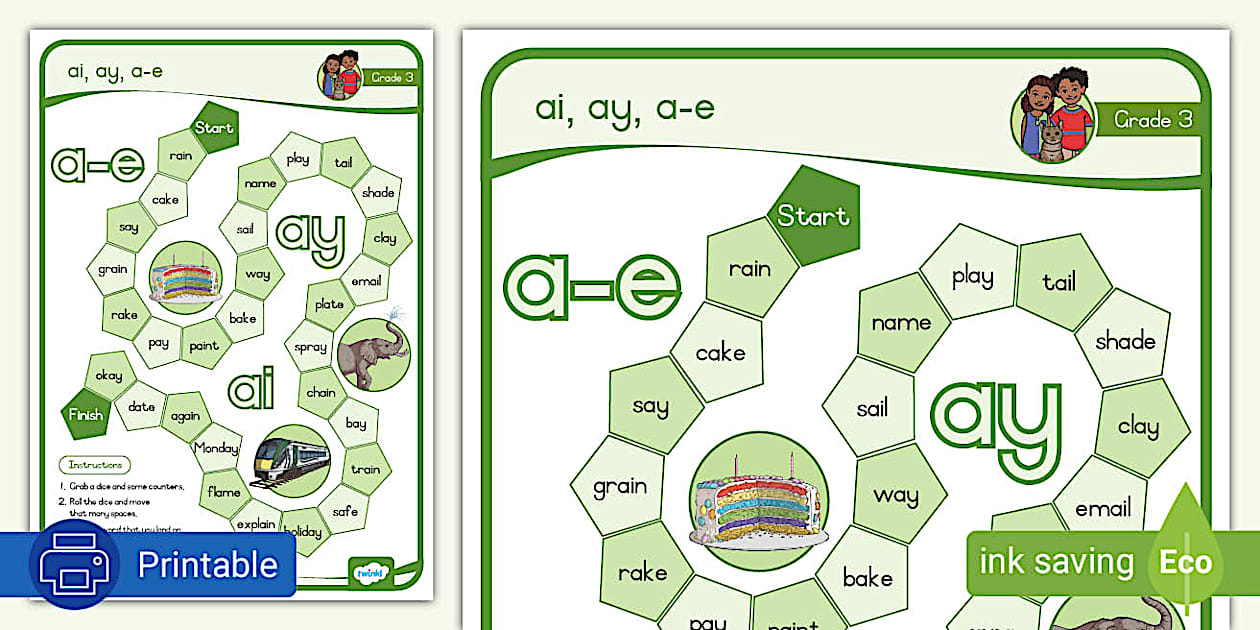 Grade 3 Phonics: ai, ay, a-e Printable Game - Twinkl