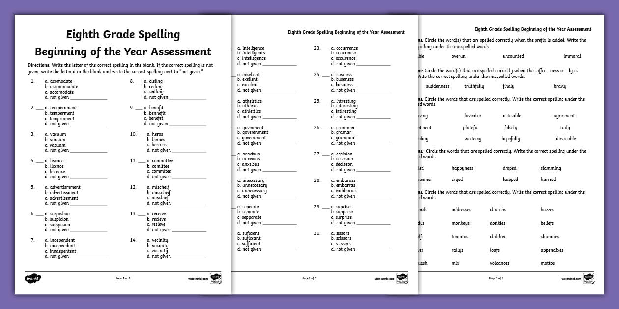 Eighth Grade Beginning of the Year ELA Spelling Assessment