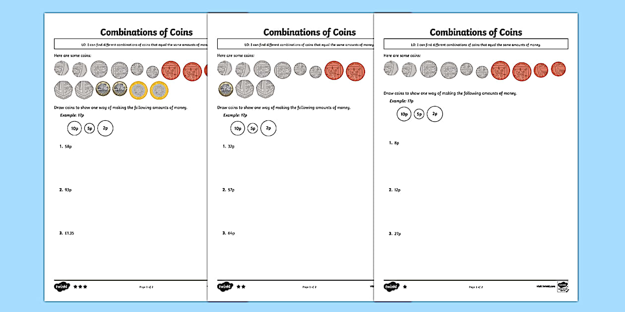 Combinations of Coins Worksheet / Worksheet - Twinkl