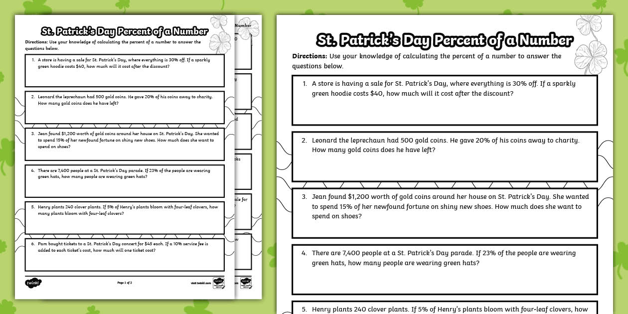 6th Gr Percent of a Number St. Patrick’s Day Math Problems