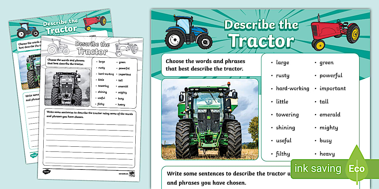 Describe the Tractor Worksheet (Teacher-Made) - Twinkl