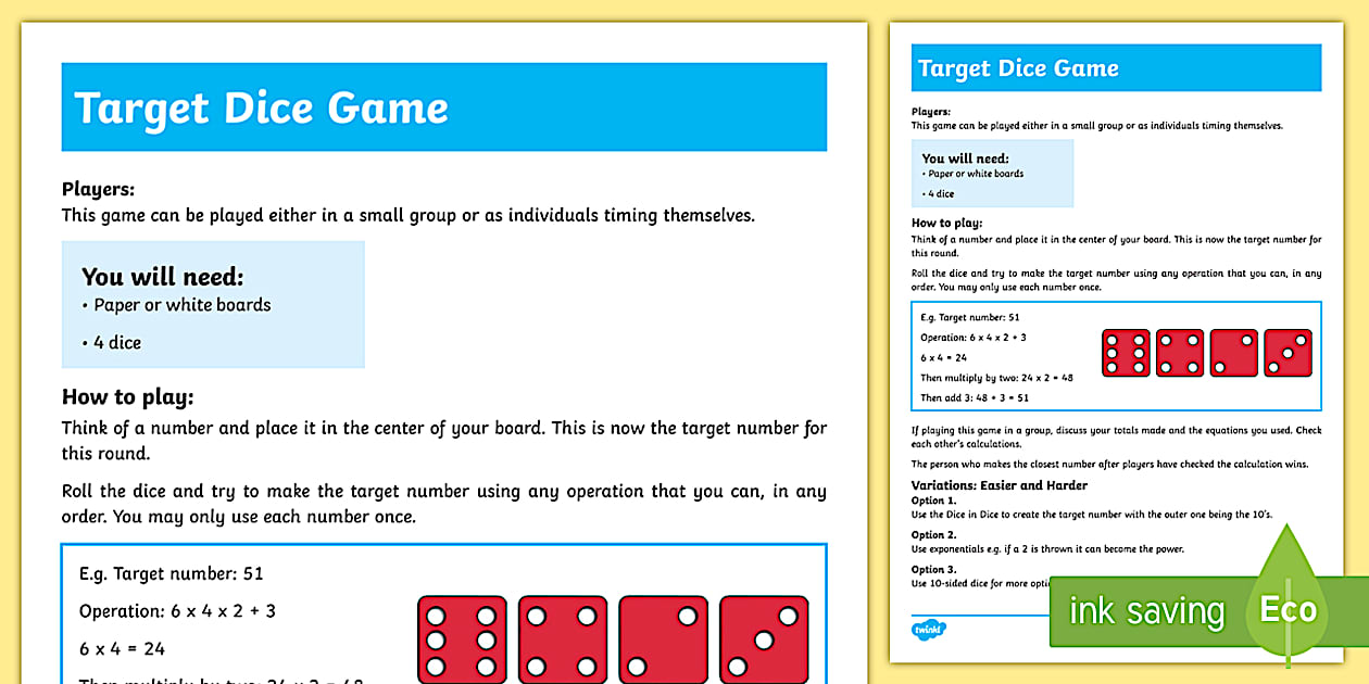Target Dice Game - Maths Warm-up gamesDice gamesStage 5Stage 6Stage 7Stage