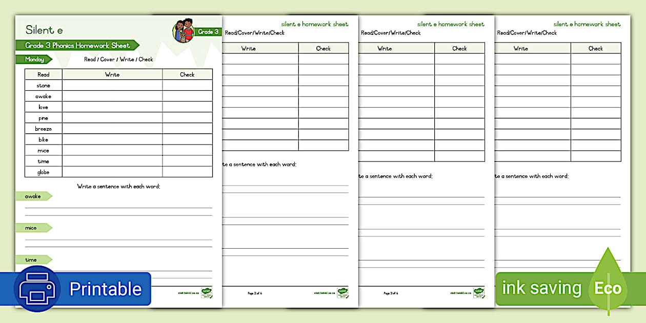 Grade 3 Phonics: Silent e Homework Sheet - Twinkl