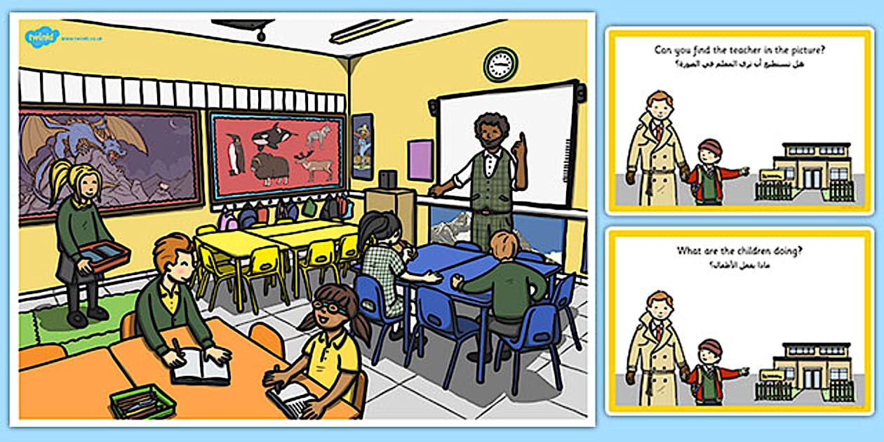 School Scene and Question Cards Arabic Translation