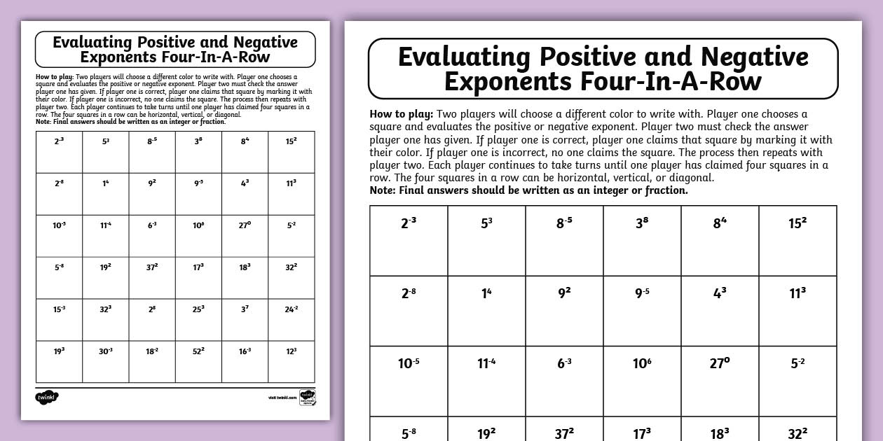 Eighth Grade Evaluating Positive and Negative Exponents Four-In-A-Row Game