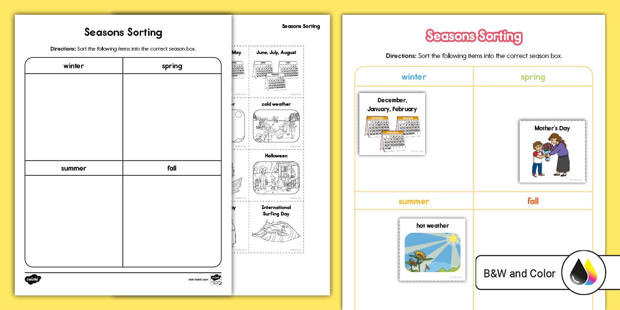 Four Seasons Sorting Cut and Paste Worksheet - Twinkl