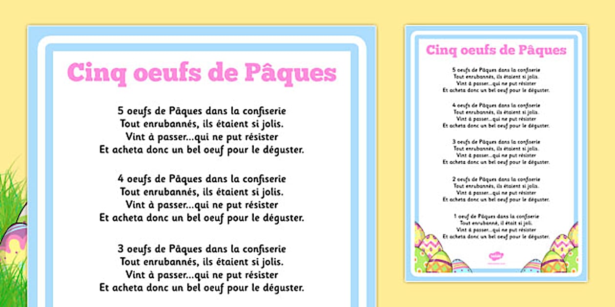 Cinq oeufs de Pâques Five Easter Eggs Counting Song Sheet French