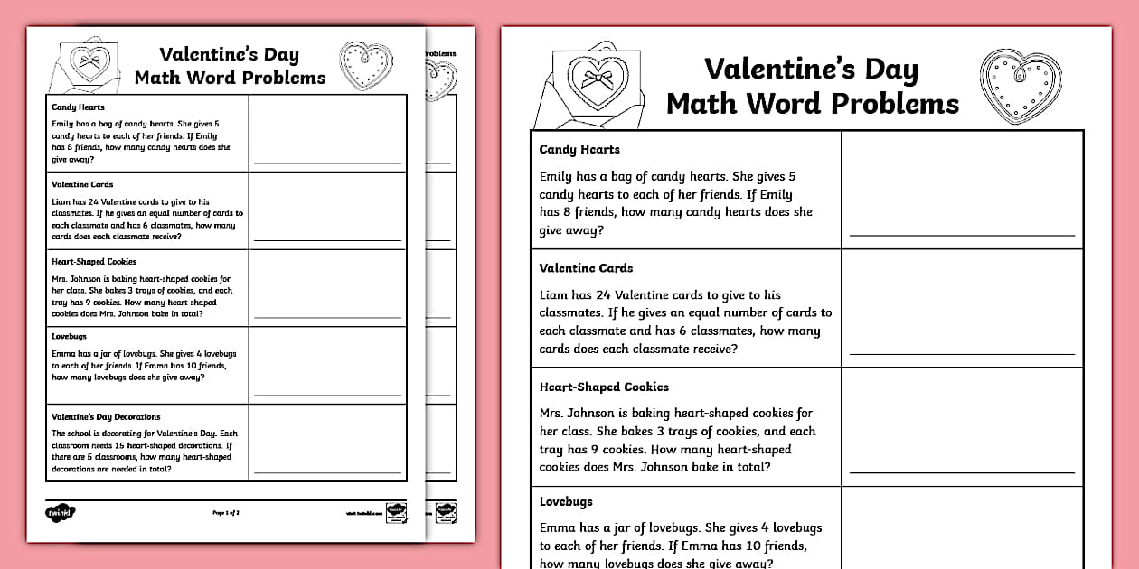 Valentine's Day Math Problems Worksheet | Twinkl USA