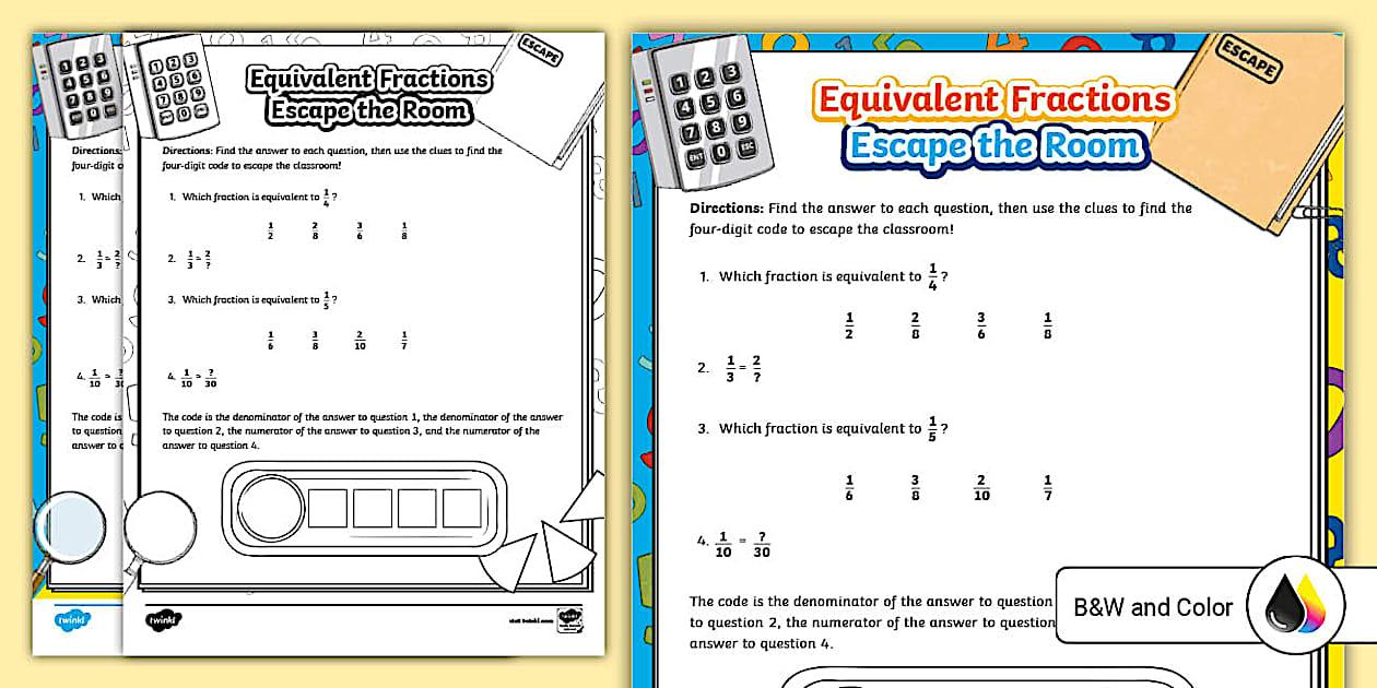 Third Grade Equivalent Fractions Math Escape the Room