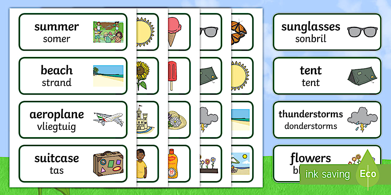 Summer Word Cards English/Afrikaans (teacher made) - Twinkl