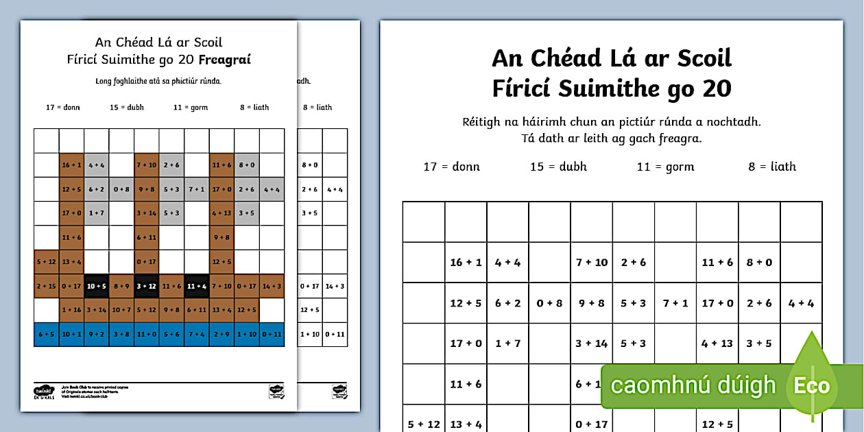 An Chéad Lá ar Scoil – Bileog Oibre Fíricí Suimithe go 20