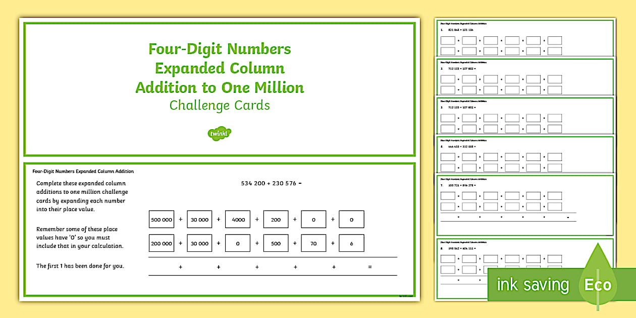 Expanded Column Addition to One Million Challenge Cards