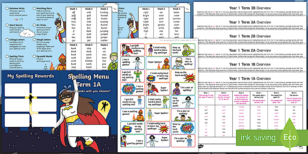 Editable Year 1 Superhero Themed Spelling Menu Pack - Twinkl