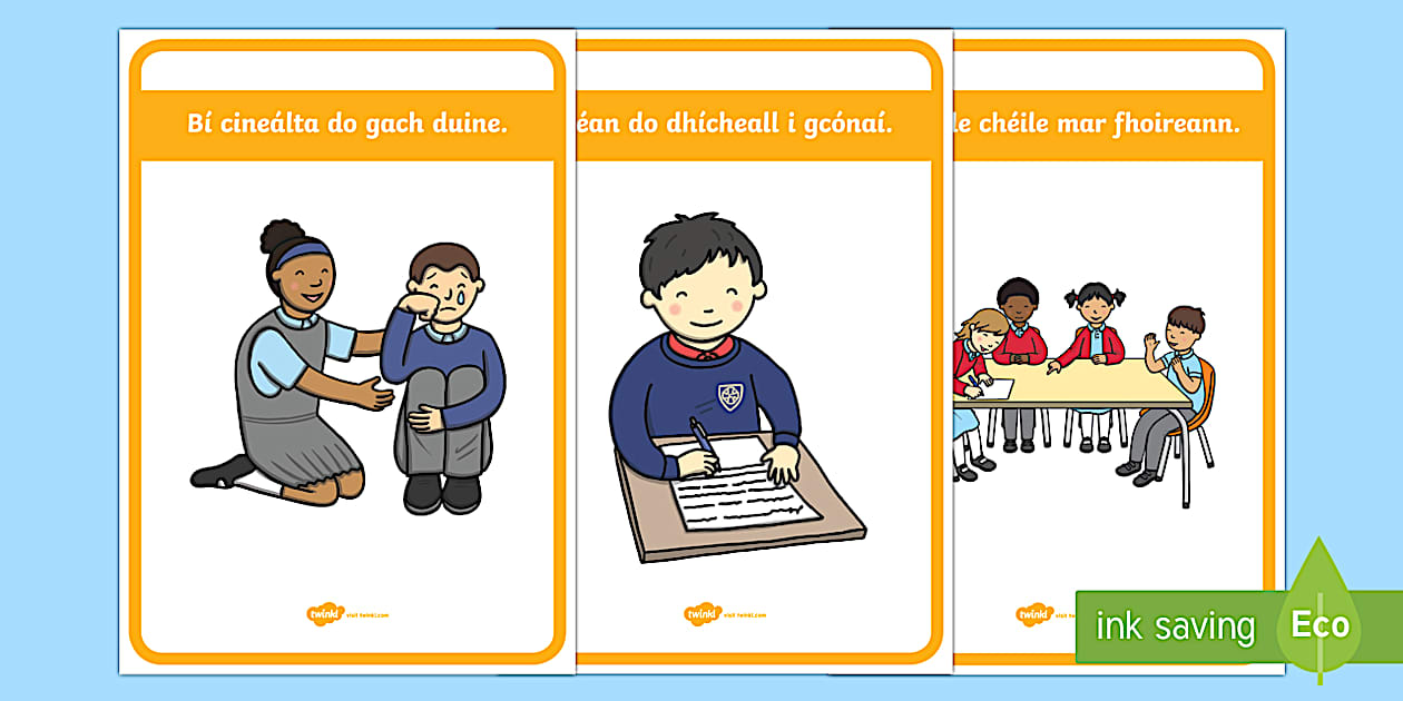 Basic Classroom Rules Display Posters in Gaeilge - Twinkl