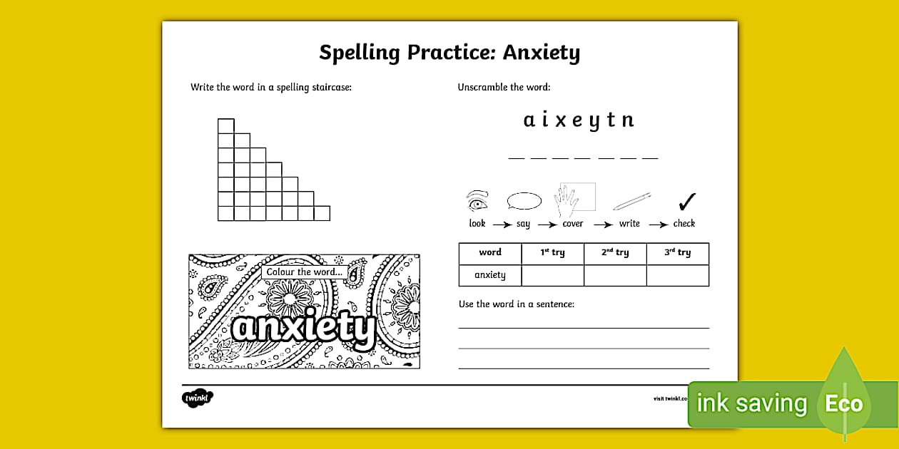 Anxiety Spelling Practice Worksheet (teacher made) - Twinkl