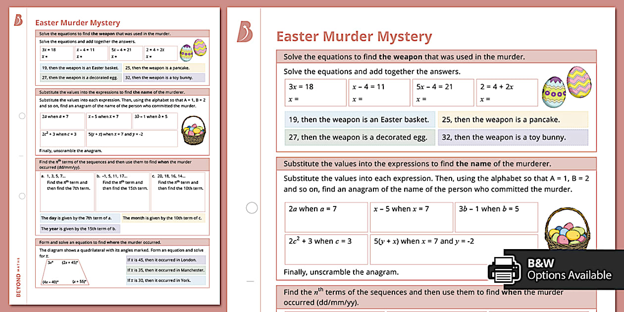 Murder Mystery Easter Algebra Activity - Beyond Maths