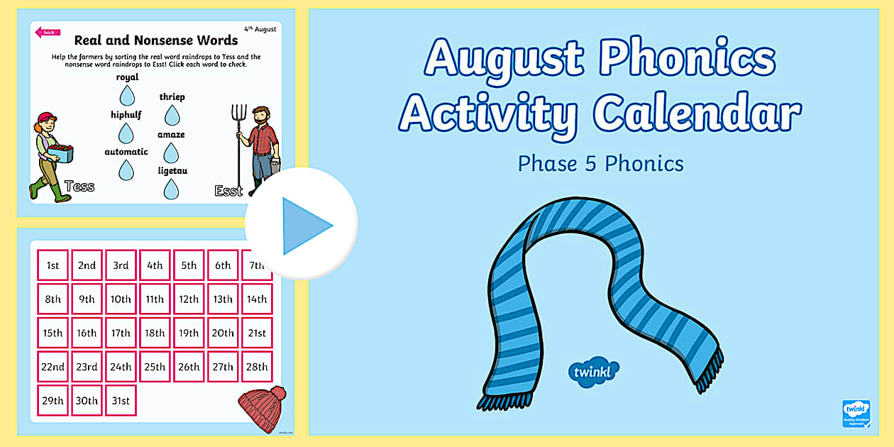 Phase 5 August Phonics Activity Calendar PowerPoint - Twinkl