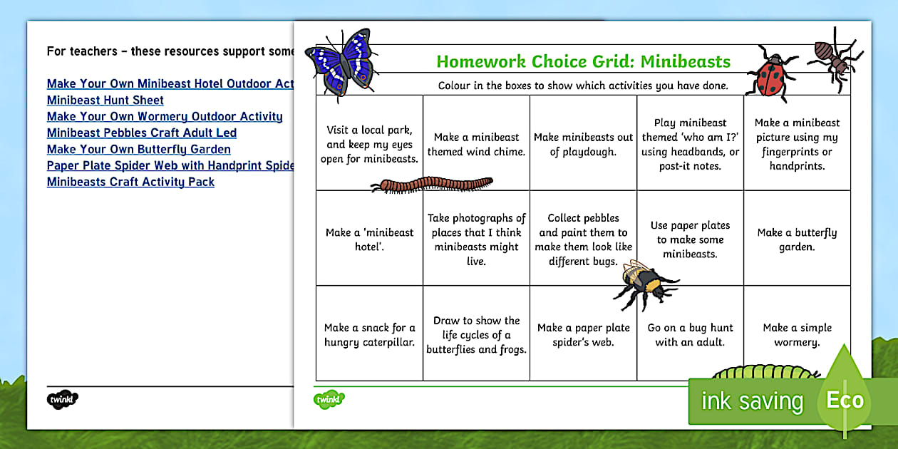 Minibeasts Homework Activity Choice Grid - Primary Resources