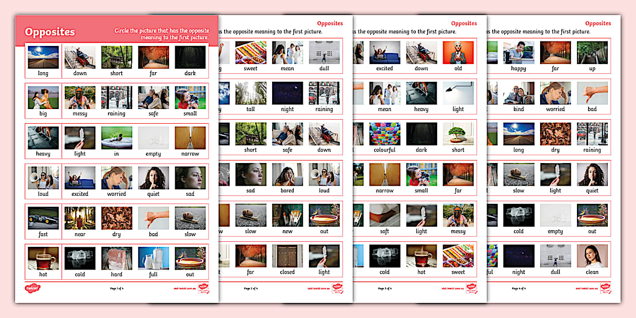 Find the Opposite Worksheets with Photos -Twinkl