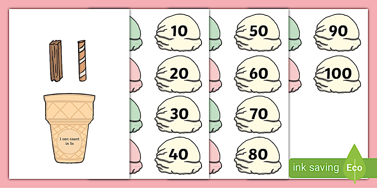 Black and White Counting in 5s Ice Cream Cone Ordering Activity