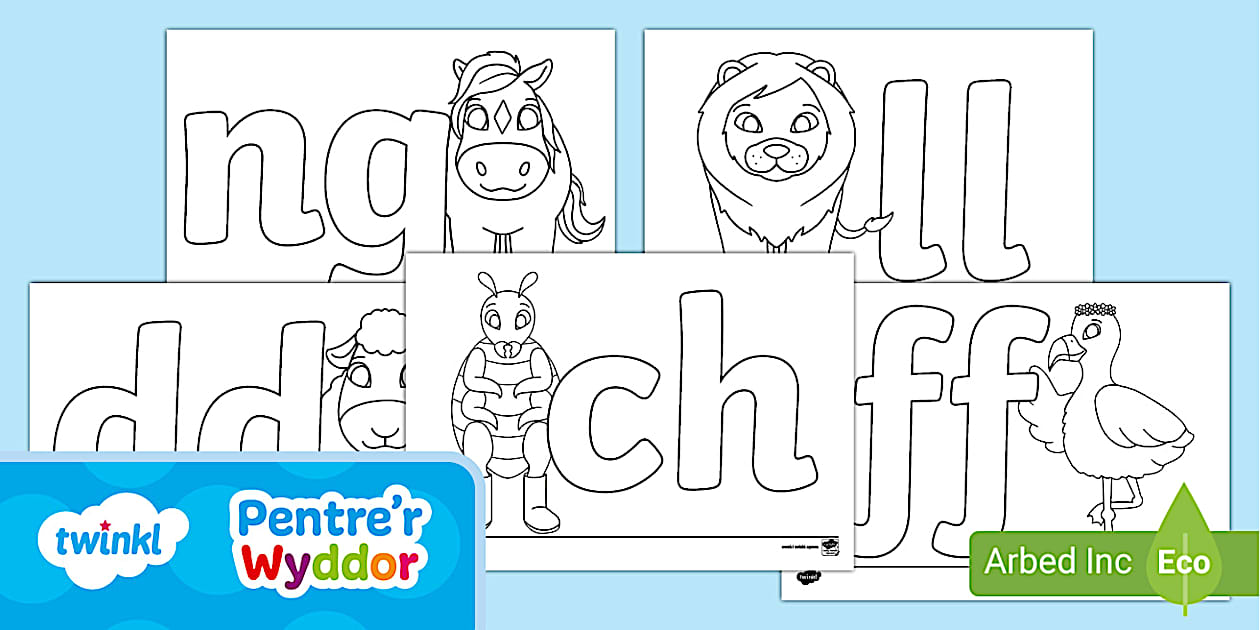 Taflenni Lliwio Llythrennau Glas Pentre'r Wyddor - Twinkl