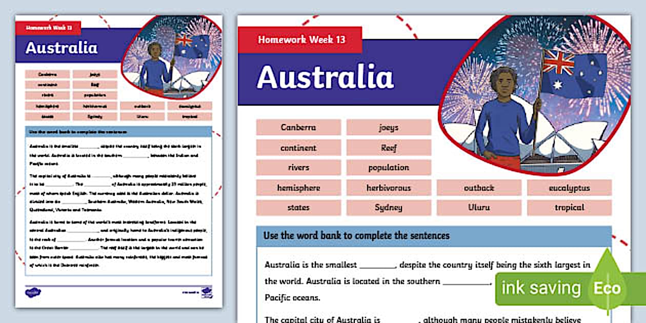 Cloze Procedure Homework Week 13 Australia 3rd/4th Class