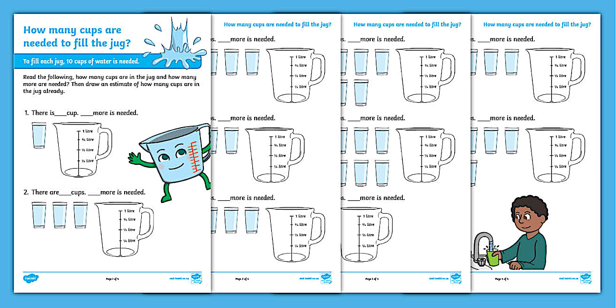 Grade 3 Math: How many cups are needed to fill the jug?