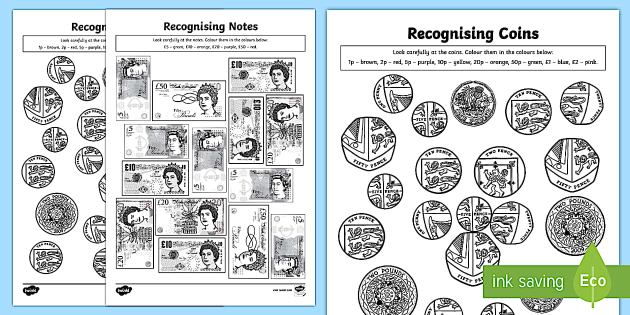 Recognising Coins and Notes Colouring Pages - Twinkl