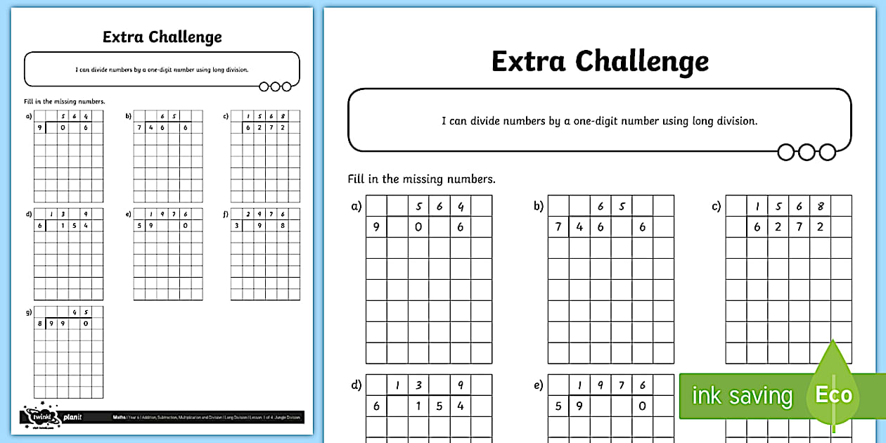Editable Long Division no Remainders - Missing Number Worksheet