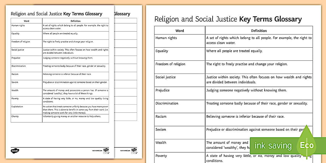 Religion and Social Justice: Key Words Worksheet / Worksheets