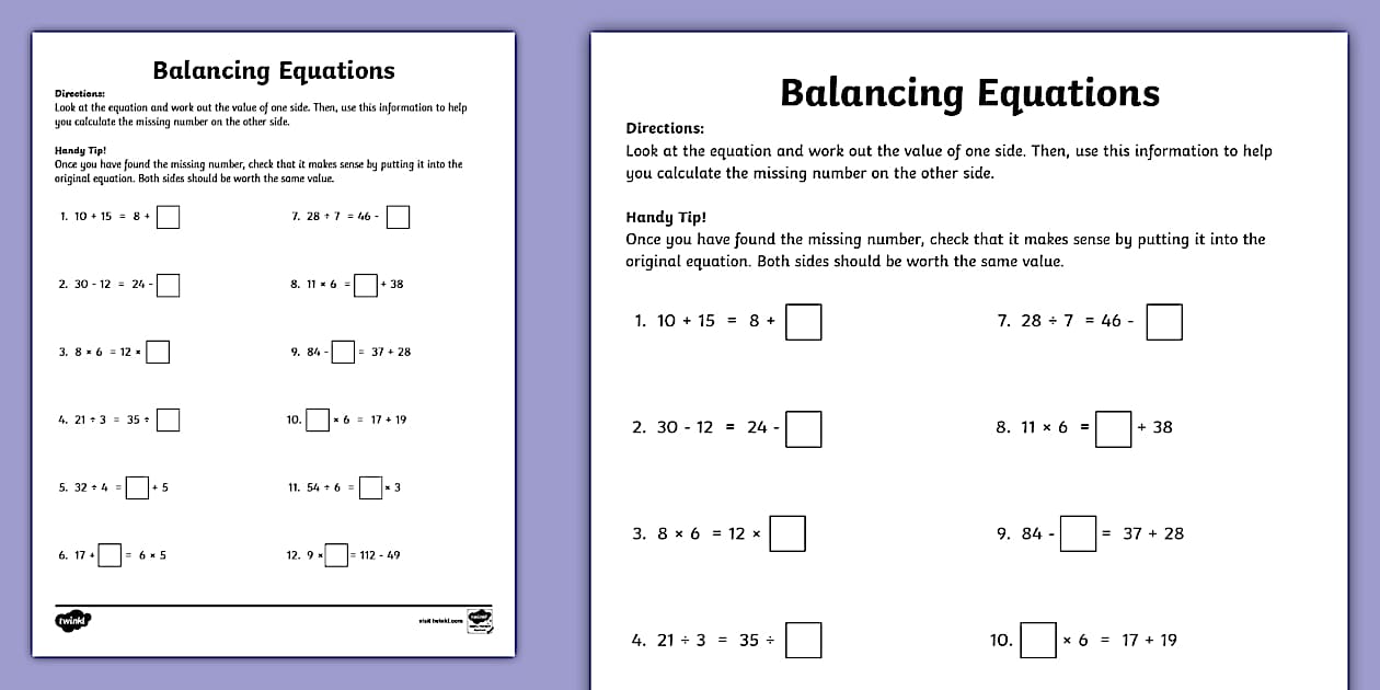 Fifth Grade Balancing Algebraic Equations Worksheet - Twinkl