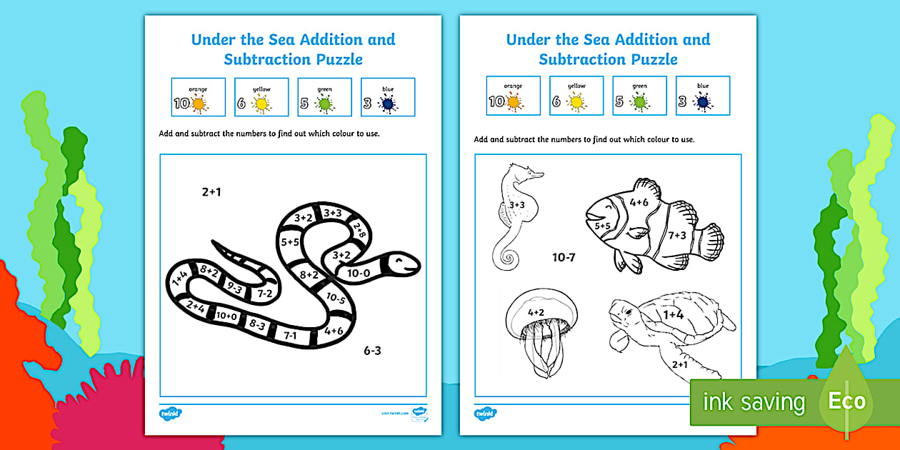 Under the Sea Themed Addition and Subtraction Puzzle 0-10