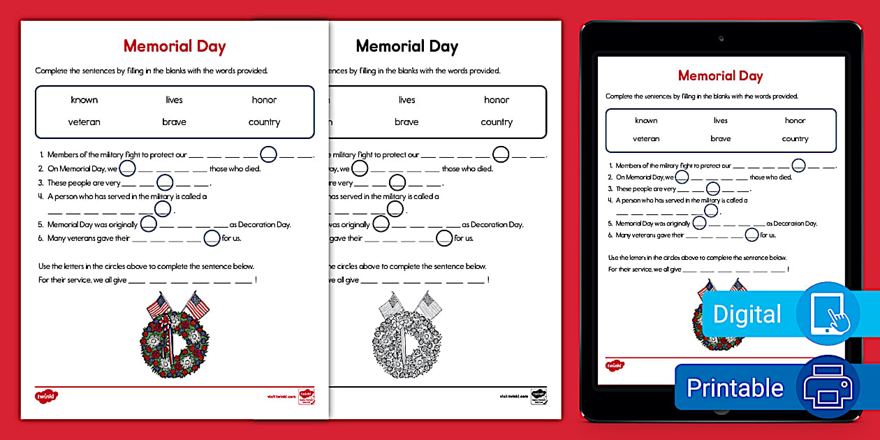 Memorial Day Missing Words Worksheet for K-2nd Grade