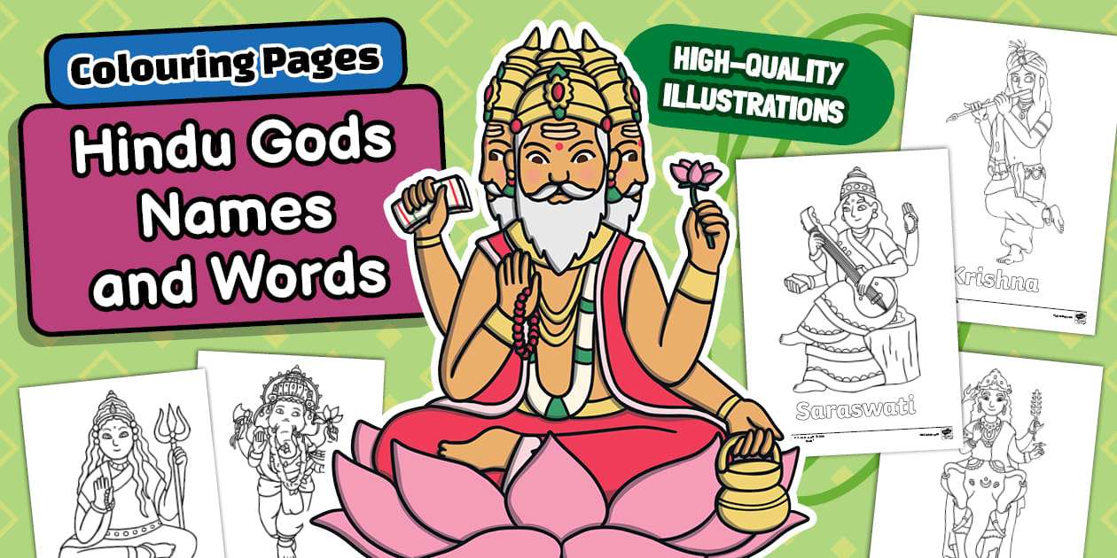 Hindu Gods Names and Words Colouring Page