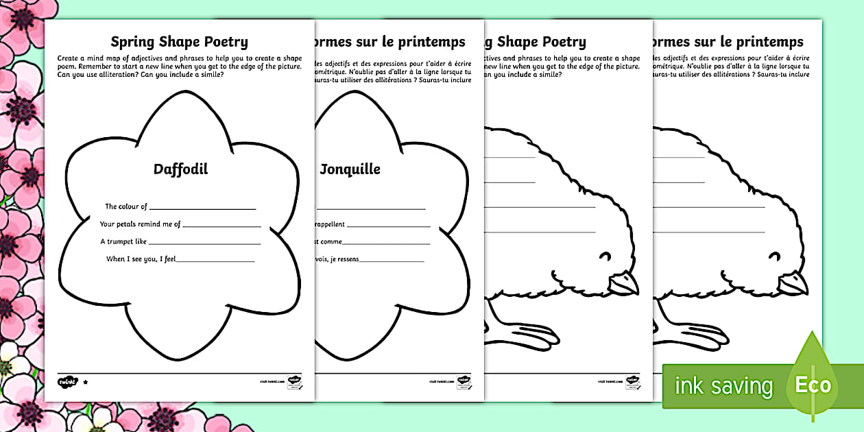 KS1 Spring Shape Poetry Differentiated Worksheets English/French