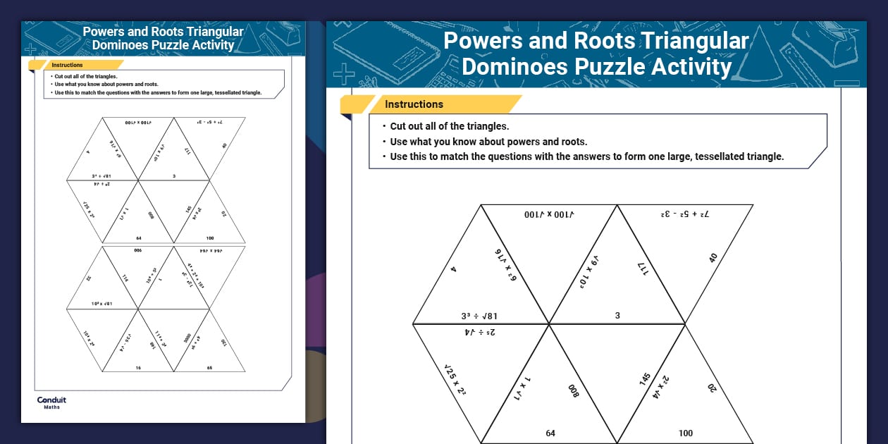 Powers and Roots Triangular Dominoes Puzzle Activity