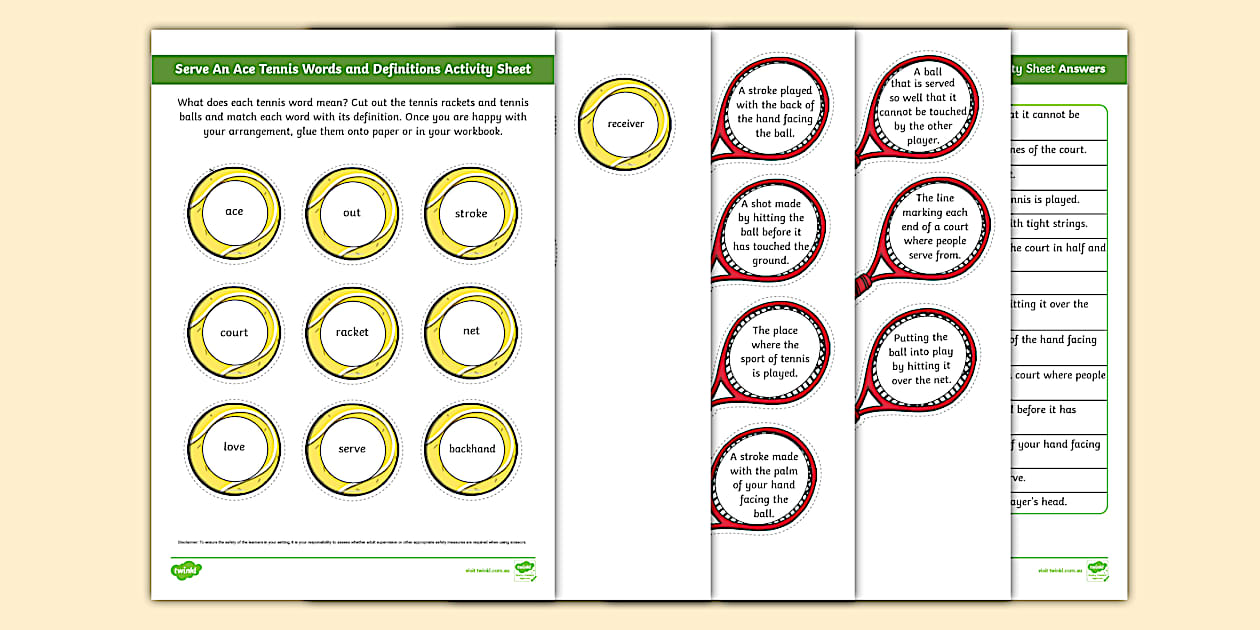 Serve An Ace Tennis Words and Definitions Activity Sheet