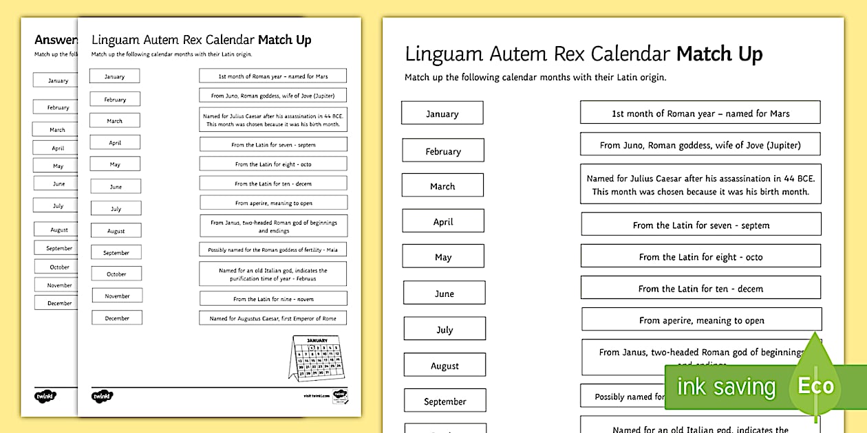 The Calendar - Latin Origins Worksheet / Worksheet - Twinkl