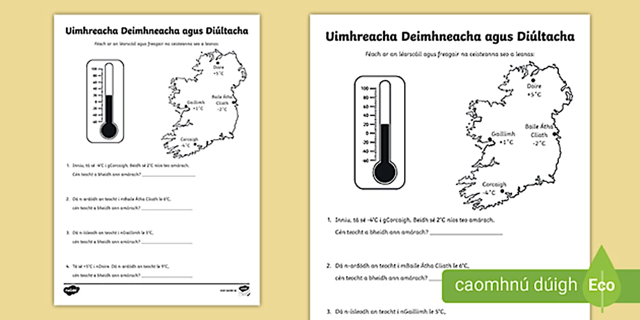 Positive and Negative Numbers Worksheet Gaeilge - Twinkl